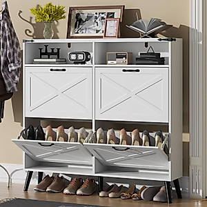 Loomie Shoe Cabinet with 4 Flip Drawers, Farmhouse Shoe Storage Cabinet with 2 Open Cubbies, Freestanding Narrow Hidden Shoe Rack Organizer with Solid Wood Legs for Entryway, Hallway (White)