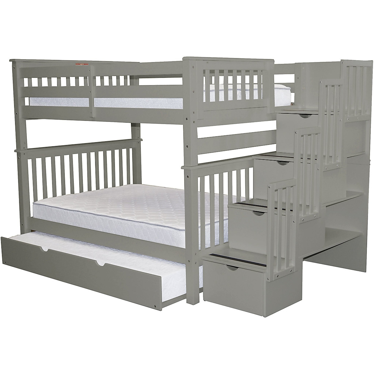 Bedz King Stairway Bunk Beds Full over Full with 4 Drawers in the Steps and a Twin Trundle, Gray
