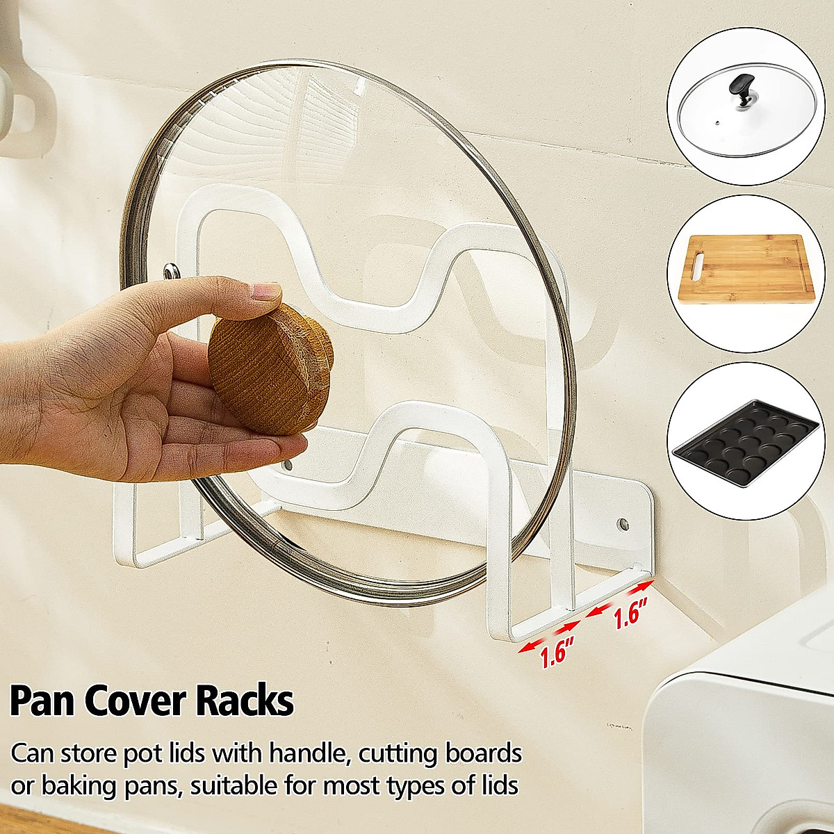 Poeland Wall Mounted Pot Lid Holder, Cutting Board Storage Organizer, Door Mounted Pan Cover Racks for Pot, Chopping Board, White