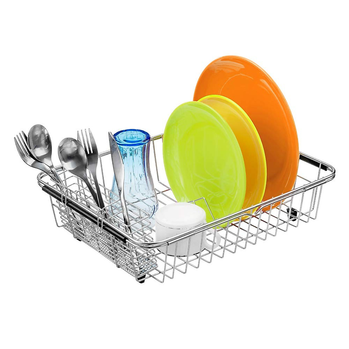 SANNO Dish Drying Rack with Stainless Steel Utensil Holder Large Dish Rack Drainer Drain Expandable Dish Rack Shelf Dish Rack in Sink or Over Sink or On Counter Rustproof Stainless Steel