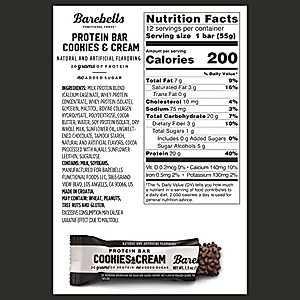 Barebells Protein Bars Cookies & Cream - 12 Count, 1.9oz Bars - Protein Snacks with 20g of High Protein - Chocolate Protein Bar with 1g of Total Sugars - On The Go Protein Snack & Breakfast Bars