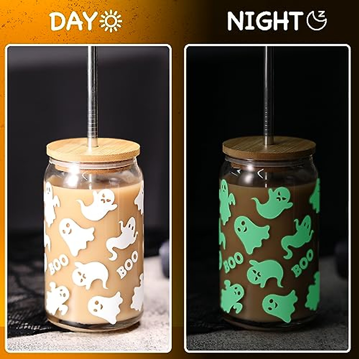 Nefelibata Halloween Ghosts Beer Can Glass Fall Iced Coffee Glass 16 OZ Spooky Season Glass with Lid Metal Straw And Cleaning Brush October Boo! Drinking Cup Gifts for Him Her