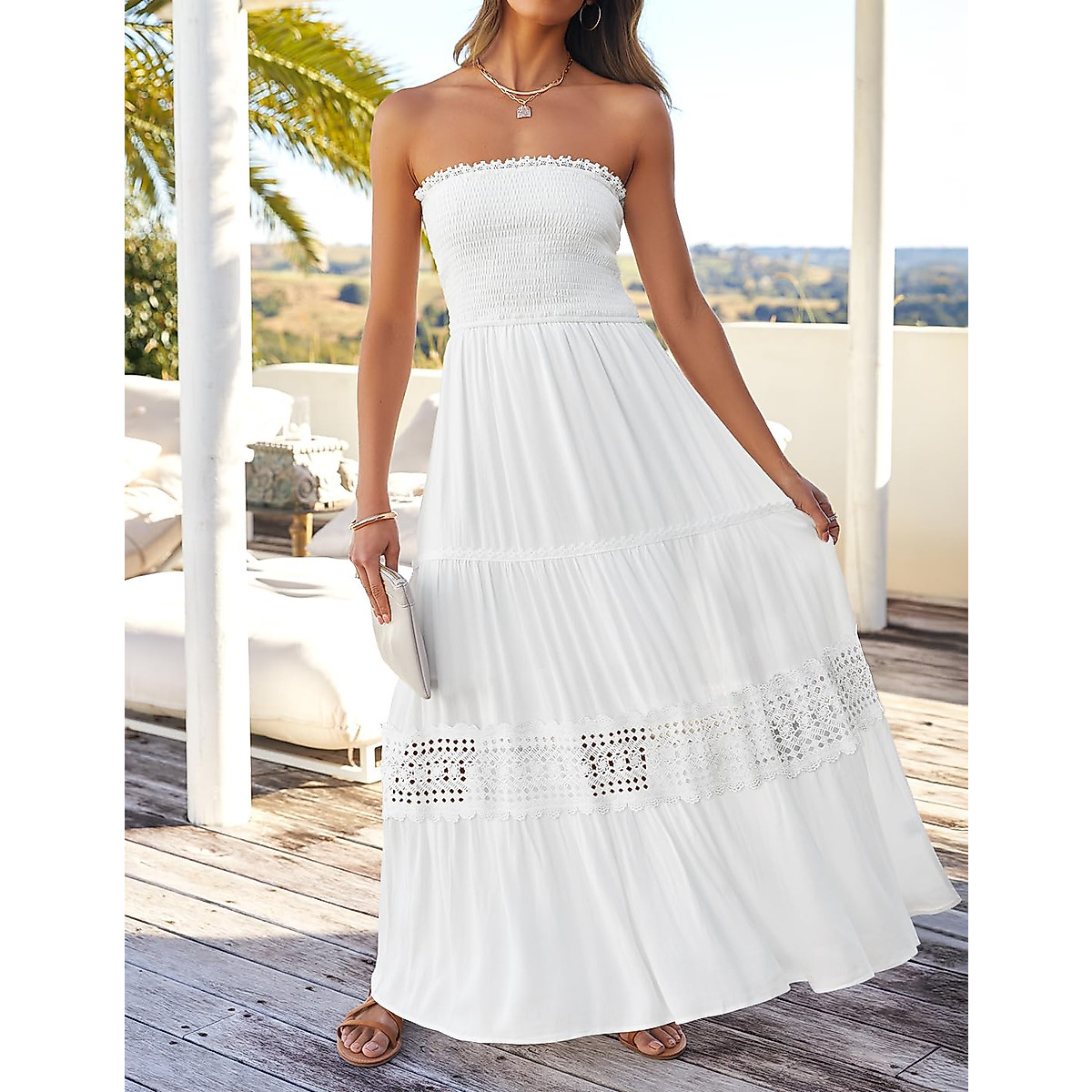 ZESICA Women's 2024 Summer Bohemian Strapless Off Shoulder Lace Trim Backless Flowy A Line Beach Long Maxi Dress,White,Small