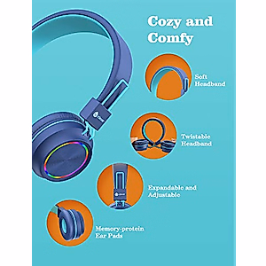 iClever BTH03 Kids Bluetooth Headphones Safe Volume, Colorful LED Lights, 25H Playtime, Stereo Sound Mic, Bluetooth 5.0, Foldable, On Ear Kids Wireless Headphones for Tablet Airplane, Blue