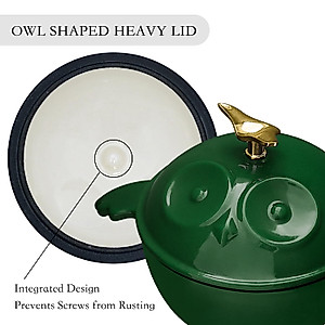 Flavehc Mini Cocotte 16 oz Owl Shaped Mini Dutch Oven 0.5 qt Cast Iron Garlic Roaster for Oven Garlic Confit Pot Ramekins with Lids Oven Safe, Green