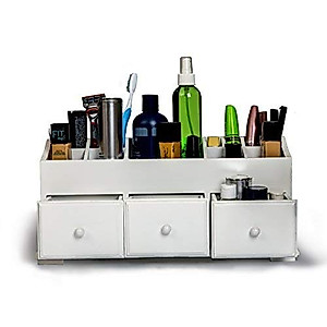 Makeup Organizer with Drawers, Wooden Cosmetic Beauty Storage Box for Home and Office Vanities, Countertop Organizer for Cosmetics and Makeup Tools, Vanity Holder for Lipstick Brushes Lotions, White