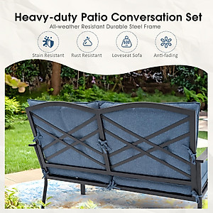 JARDINA 4 Pieces Patio Furniture Set, Metal Outdoor Patio Furniture, All-Weather Patio Conversation Set with Loveseat Sofa, 2 Swivel Chairs, Coffee Table and Cushions for Backyard Deck, Blue