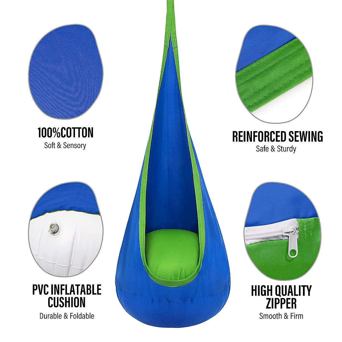 Grassman Pod Swing for Kids, Sensory Swing Indoor, Hanging Hammock Chair with Inflatable Pillow Hardware Kits Air Pump, Hanging Swing Chair for Bedroom Easy to Install, for Indoor Outdoor Use Blue