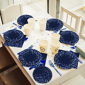 96 Pcs Blue and Silver Party Supplies Dot Confetti Paper Plates Sparkly Glitter Theme Party Decoration Confetti Party Tableware Set Bridal Shower Birthday Party Paper Plate Napkin Fork 24 Guests