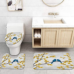 DuoBaorom 4 Pieces Set Tree Bird Shower Curtain Set Blue Love Birds on Yellow Tree Branch Picture Print on Non-Slip Rugs Toilet Lid Cover Bath Mat and Bathroom Curtain with 12 Hooks 72x72inch