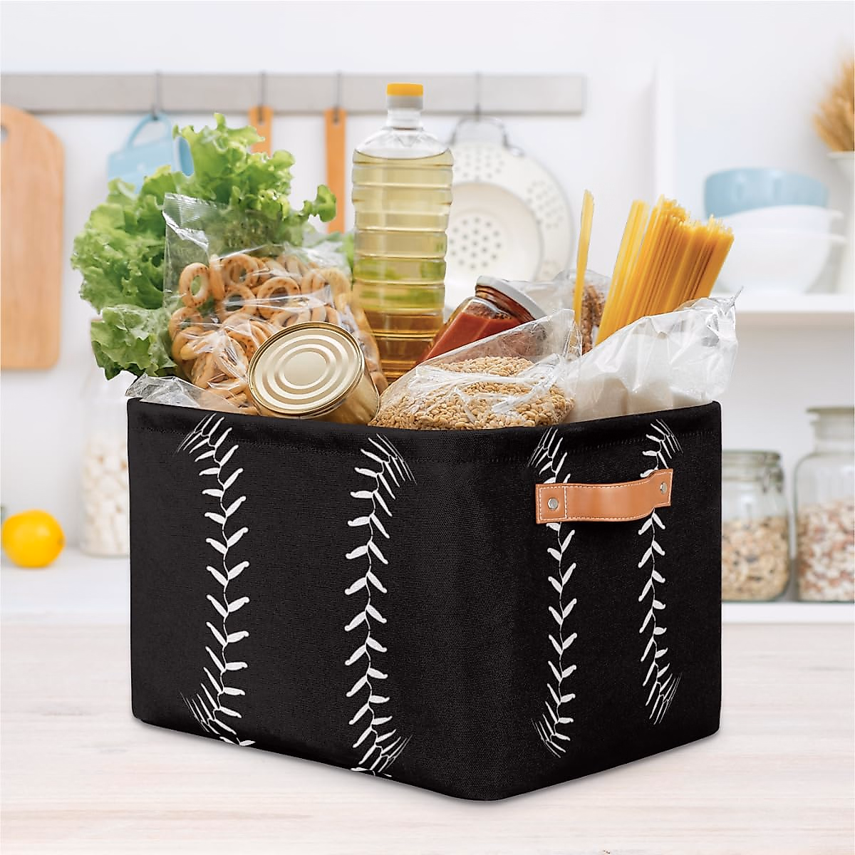 Black Baseball Storage Bin Basket, Softball Large Toys Storage Cube Box with Handles, Collapsible Laundry Basket Rectangular Waterproof Storage Organizer Bin for Nursery Bedroom Shelves Gift Basket