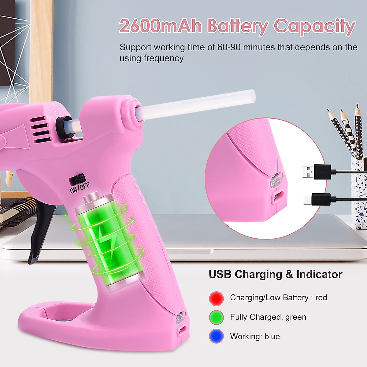 Glue Gun Cordless USB Rechargeable: 2600mAh Battery Operated Fast Preheating Wireless Hot Glue Gun Kit with 30pcs Mini Glue Stick for Crafts DIY Arts Home Repairs - Pink