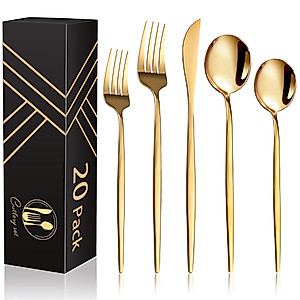 IFERRENS 20-Piece Gold Silverware Set for 4, Titanium Golden Stainless Steel Flatware Set, Golden Cutlery Set for Home and Restaurant, Daily Utensil, Mirror Polished, Dishwasher Safe, Serving for 4