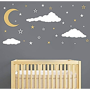 Moon, Stars and Clouds Wall Decals, Kids Wall Decoration, Nursery Wall Decal, Wall Decal for Nursery, Vinyl Wall Stickers for Children Baby Kids Boys Girls Bedroom Y08 (White,Gold)