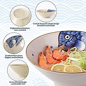 NJCHARMS Ceramic Japanese Ramen Noodle Soup Bowl, 2 Sets (6 Piece) 60 Ounce Ramen Bowls, with Spoons and Chopsticks for Udon, Pho, Asian Noodles, Ramen Noodles Bowl, Blue