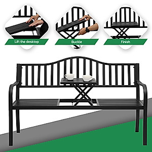 SFIHOME Metal Frame Garden Bench with Folding Table, 59" All-Weather Outdoor Benches for 2 Adults, Patio Bench with Slatted Backrest, Bench for Lawn Yard Porch Entryway, Black