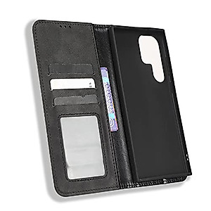 HZSANXIN Compatible with Samsung Galaxy S23 Ultra Case Flip Cover Ultra Slim Leather Bumper Retro Magnetic Sticker Wallet Wear Resistant Resistance to Falling Protective Shell (Black)