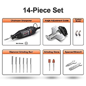 Chainsaw Sharpener Kit - GOXAWEE 140W Power Chain Saw Sharpen Tool Set, Electric Blade Sharpening File Comes with 6pcs Diamond Sharpening Wheels, Angle Guide Attachment for Lumberjack & Garden Worker