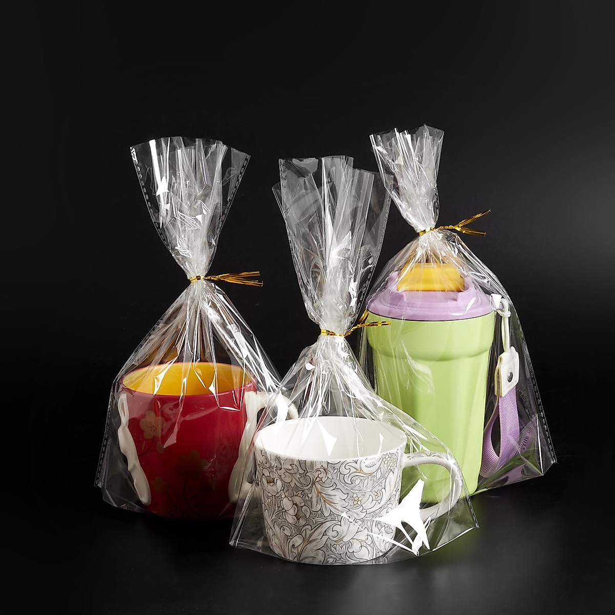 PVWSG GAULUPUE 100Pcs 8"x 11" Bottom Gusset Bags, Clear Cello Cellophane Plastic Treat Goodie Bags with Twist Ties for Gift Wrapping, Decorations, and Food Storage