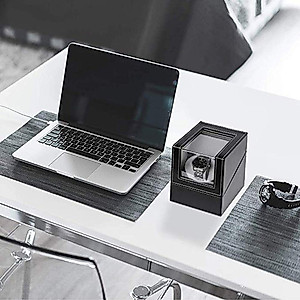 Aokelily Automatic Single Watch Winder, in Wood Shell and Black Leather/Carbon Fiber Leather, Japanese Motor