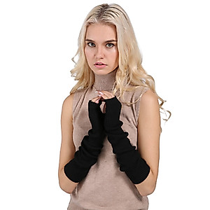 Facecozy Arm Warmers Women Warm Cashmere Blend Long Fingerless Gloves for Women Typing Gloves for Computer with Thumb Hole (Black, 16"/40.5cm)