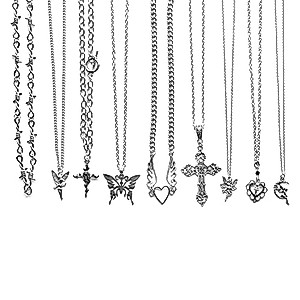 LIRUNQIN 9pcs Y2k Necklaces Fairy Grunge Goth Necklaces Gothic Coquette Aesthetic Emo Alt Chain Choker Heart Cross Fairycore Necklace Alternative Jewelry Set for Women Teen Girls Egirls