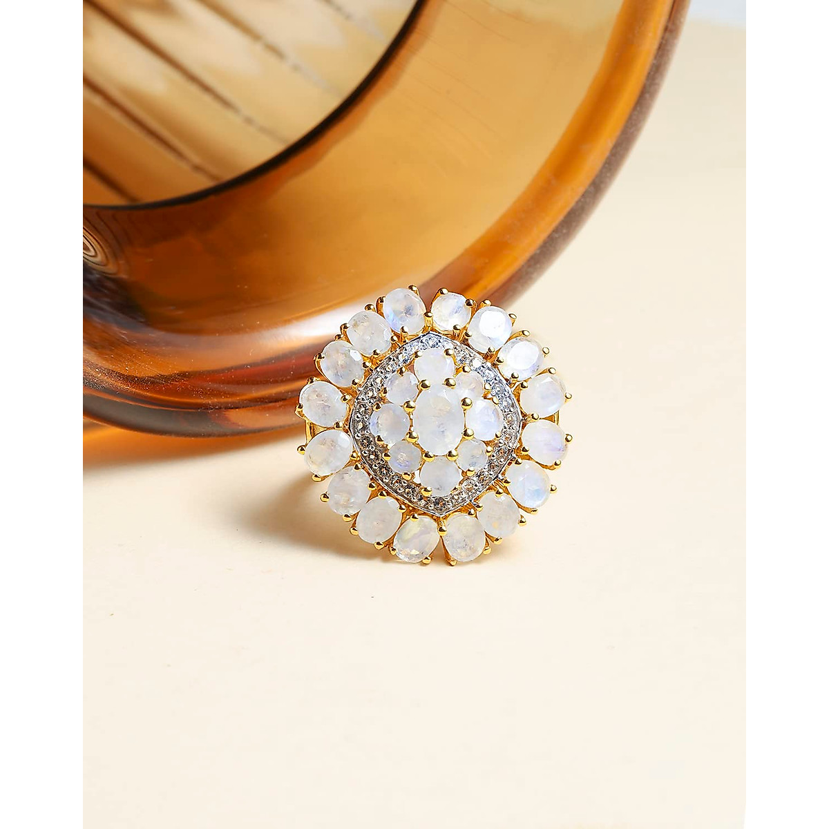 YoTreasure Natural Rainbow Moonstone White Topaz Yellow Gold Plated Over 925 Silver Women's Engagement Ring Jewelry