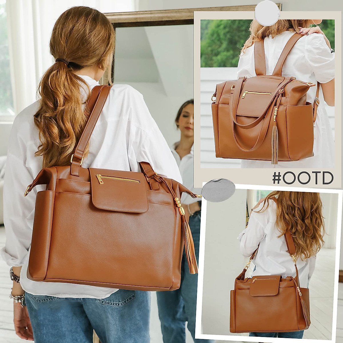 Omanmoli Diaper Bag Tote Leather Diaper Bag Backpack Large Baby Diaper Bag 14 Diaper Bag Organizing Pouches,Changing Pad,Crossbody Strap,4 Insulated Pockets,Brown