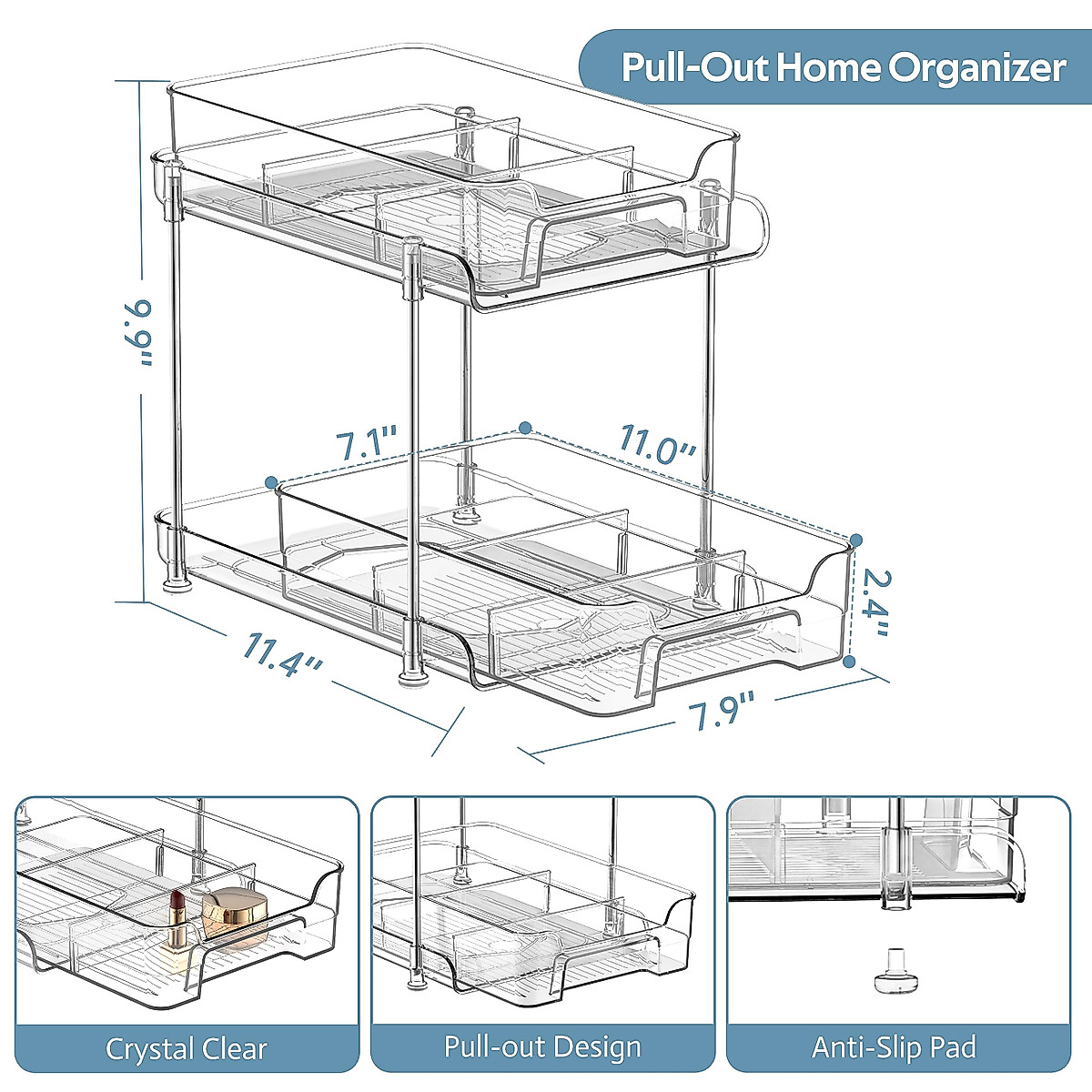 petisal 2 Tier Clear Organizer with Dividers, sliding out storage container, Bathroom Cabinet Storage, Under Sink Organizers, Kitchen, Medicine Storage Organizer, 2 Pack