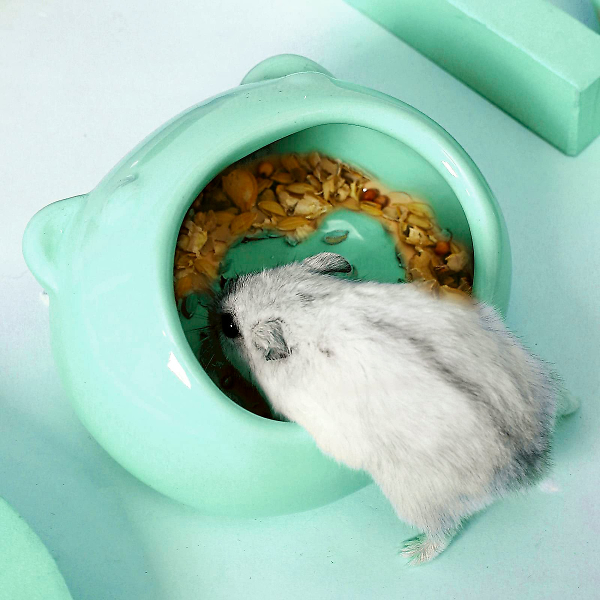 Cartoon Sculpted Ceramic Hamster House Food Feeding Bowl Water Bowl to Prevent Spilled Food and Chewing Tray Gerbils Chinchilla Ferret Hedgehog Small Animals (Cyan)