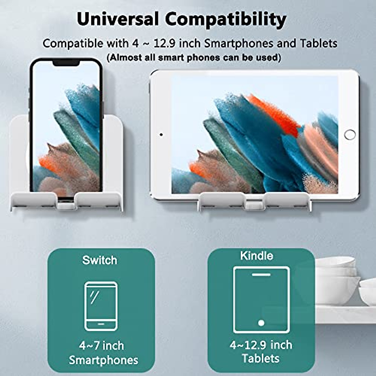 Upgraded Shower Phone Holder Tablet Wall Mount Phone Holder Removable,Self-Adhesive Mobile Cell Phone iPad Holder for Bed Bathroom Kitchen, Compatible with iPad iPhone Samsung Galaxy Tablet Switch