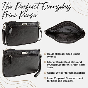 WalletBe Women's Mini Purse Leather Crossbody RFID Blocking Pebbled Black