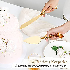 TUKDAK Cake Cutting Set for Wedding, Personalized Gold Cake Knife and Server Set, Custom Cake Serving Set, Engraved Pastry Pie Server Cake Pizza Cutter, Birthday Bridal Gift (F-Rustic)