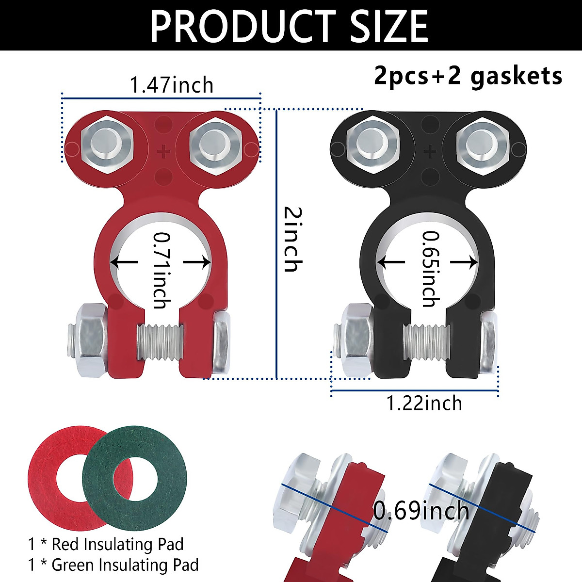 2PCS Adjustable Car Battery Terminal Connectors,Galvanized Negative/Positive Battery Terminal with Insulating Pad,Universal Automotive Replacement Battery Terminals & Ends