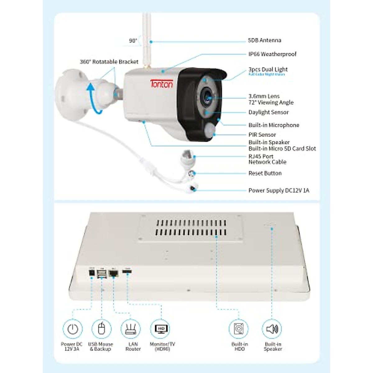 [2K&2 Way Audio&Dual WiFi] Tonton Wireless All-in-One Ultra HD Security Camera System with 16 Inch 5MP Monitor,10CH NVR with 1TB HDD,4PCS 3MP Outdoor Bullet IP Floodlight Cameras with PIR,Plug & Play