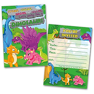Leigha Marina Dinosaurs Party Invitation Cards for Kids, 20 Invites & 20 Envelopes - Fill in the Blank Greeting Notes - Multi-Use, Birthday, Themed Celebration
