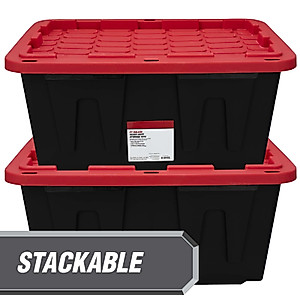 MioeDi 27 Gallon Stackable Snap Lid Plastic Storage Bin Container, Black with Red Lid, Set of 4, Black/Red