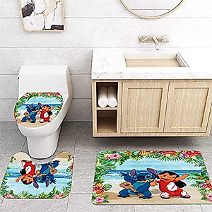 REAGTUGHT 4PCS Lilo & Stitch Shower Curtain Set with Non-Slip Rugs Toilet Lid Cover and Bath Mat Cartoon Shower Curtain with 12 Hooks Durable Waterproof Shower Curtain for Bathroom Set Decor