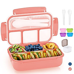 QQKO Bento Box Adult Lunch Box, Lunch Containers for Adults, 1200 ML Food Container With 4 Compartments, Including 4 Muffin Cups, Utensils Set, Sauce Jar, Leak-Proof, Microwave, Dishwasher Safe, Pink