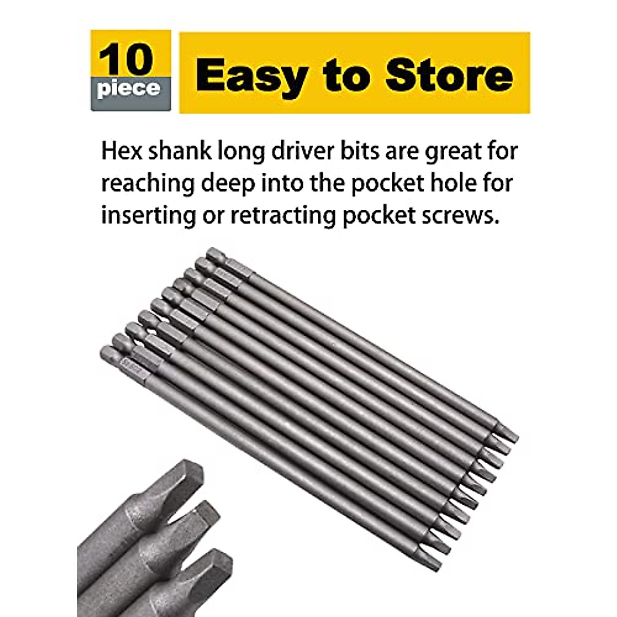 Rocaris 10pcs 1/4 Inch Hex Shank Long Magnetic Square Head Screwdriver Bits Set Power Tools SQ2 For Poket Hole Jig- 6 inch Length