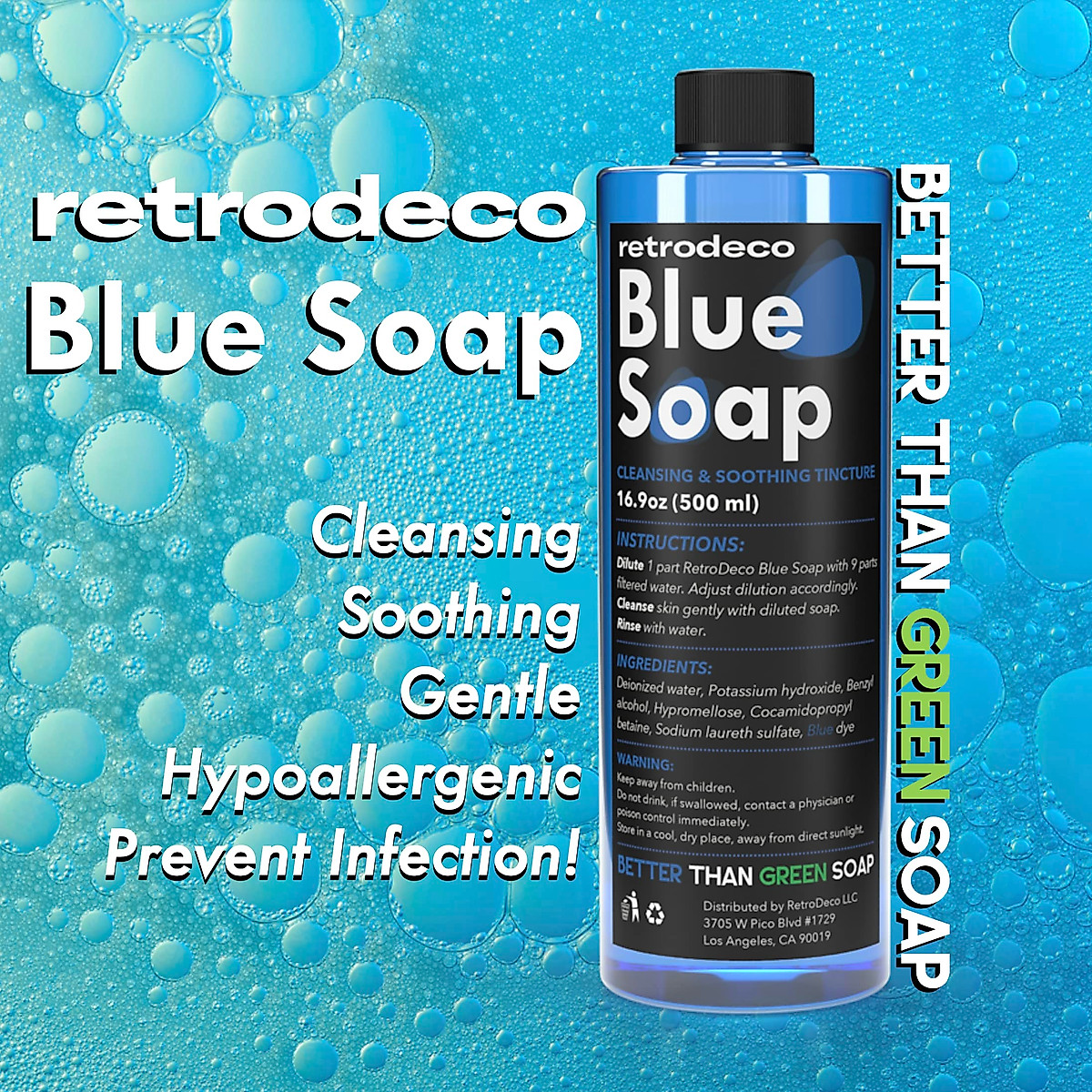 RetroDeco Ultra Concentrated 16.9oz Tincture of Blue Tattoo Soap USP: Makes 1.3 Gallons of Blue Soap with XL 16.9oz Squeeze Bottle For Skin and Piercings, Better Than Green Soap
