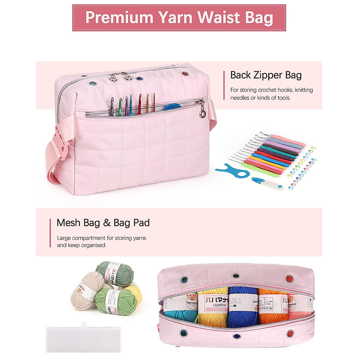 Aeelike Yarn Waist Bag, Portable Yarn Crossbody Bag Small Yarn Storage Bag for Holding Yarn Crochet Hooks Knitting Needles, Lightweight & Easy to Carry Yarn Bag, Pink