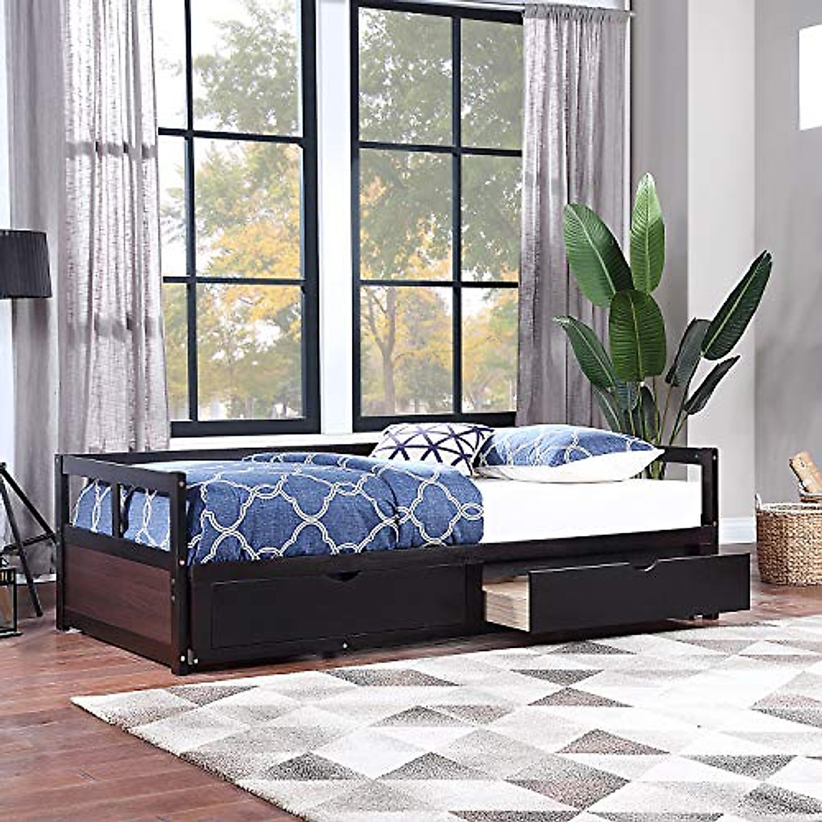 Extendable Daybed with Trundle, Twin to King Bed Frame, Modern Extending Bed with 2 Storage Drawers, Wood Slat Support Sofa Bed for Bedroom Living Room Guest, No Spring Box Needed (Espresso)