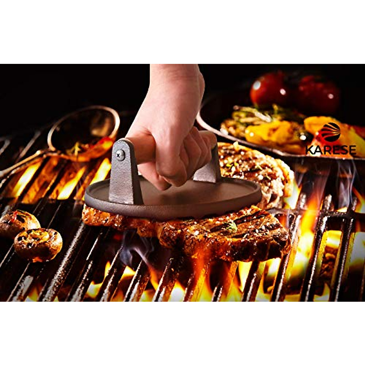 Round Cast Iron Bacon Press 2.4 lbs Weight Comes Complete with Spatula, Grill Press with Beech Wood Handle Ideal for Bacon, Burger, Sandwich and Steak