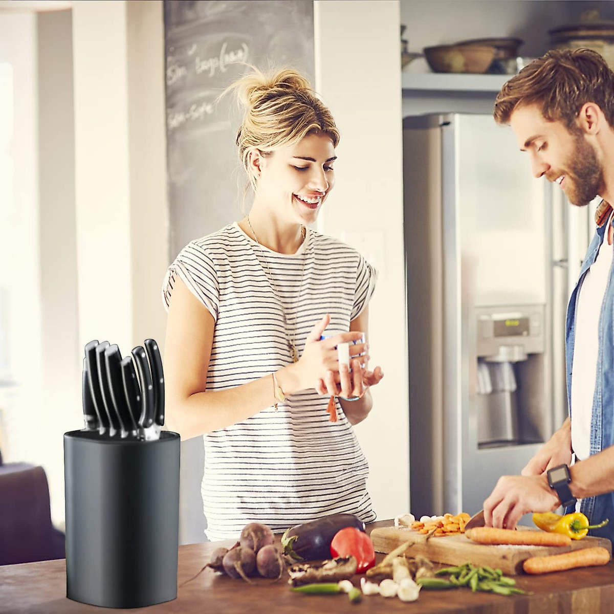 Universal Knife Block, Safe Knife Holder Storage with Slots for Scissors and Sharpening Rod, Detachable for Easy Cleaning, Space Saver Knife Organizer, Unique Slot Design to Protect Blade (Black)