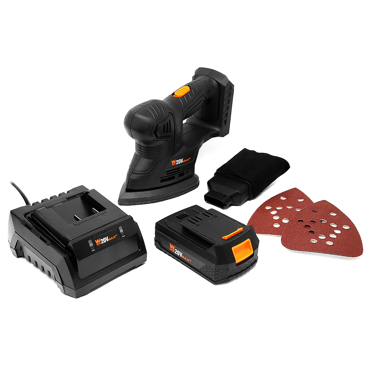 WEN Cordless Palm Sander with 20V Max 2.0 Ah Lithium-Ion Battery and Charger (20401) Black