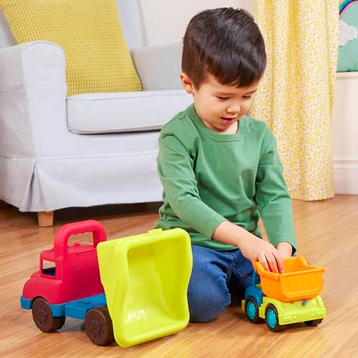 B. toys- B. play- Grab-n-Go Truck Set- 2 Dump Trucks – 1 Large Truck & 1 Small Truck – Big Truck with Handle & Mini Truck with Driver – Toy Trucks for Toddlers, Kids- 1 Year +
