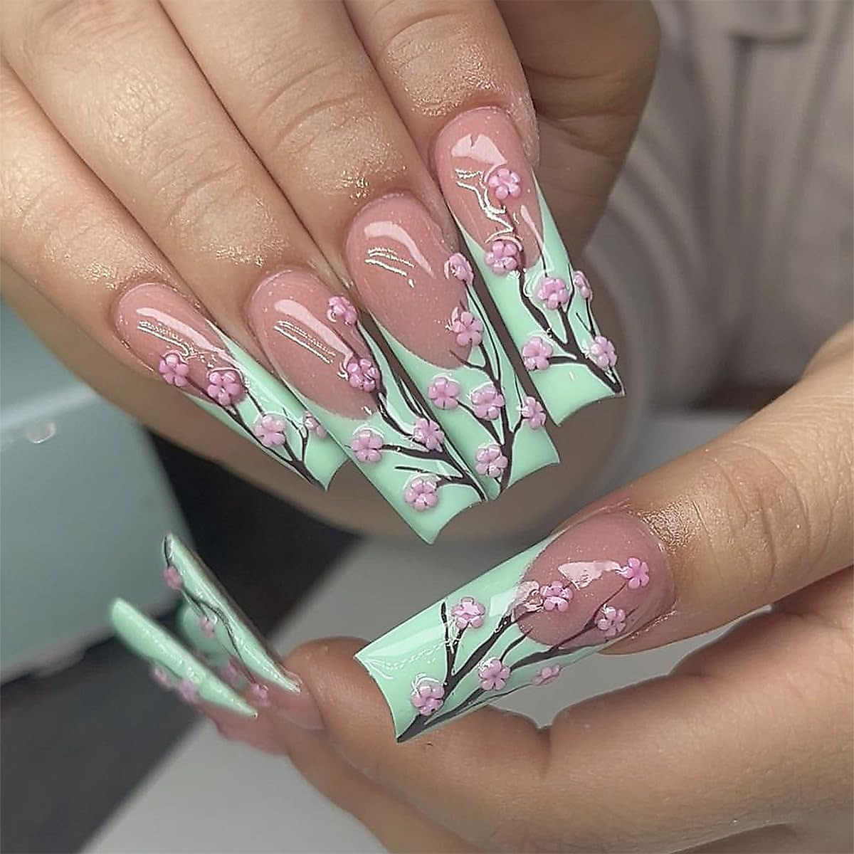 French Tip Press on Nails Coffin Green Fake Nails with Cherry Blossom or Arizona Tea Peach Blossom and Tree Branch Decoration Designs 3D Flower Gems Glossy Square Long Acrylic Nails Press on for Women