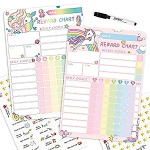 Magnetic Dry Erase Chore Chart for Two Kids, Reward Chart for Kids Behavior. Includes 52 Static Tasks, 126 Golden Stars and Unicorn & Iridescent Mermaid Magnetic Charts Each