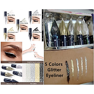 Go Ho Glitter Liquid Eyeliner Colorful Set,5 Colors Metallic Shimmer White Black Silver Gold Diamond Eyeliner,Glitter Eyeliner Sticks,Waterproof Eyeliner,Long Lasting Sparkle Eye Makeup
